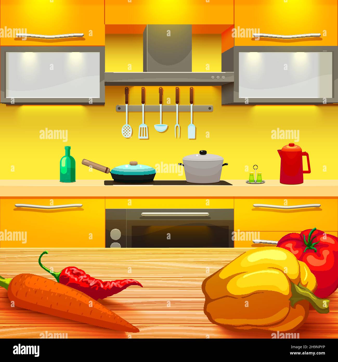 Colorful cartoon style kitchen interior with wooden table and ...