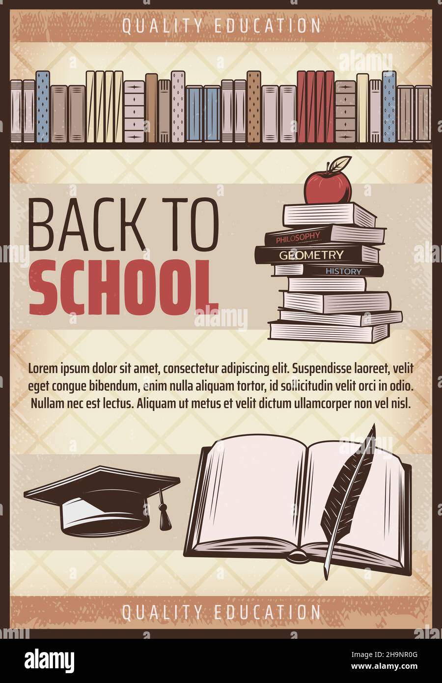 Vintage colored back to school poster with text books bookshelf apple ...