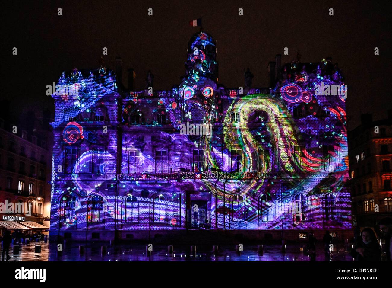 Hotel de Ville Place des Terreaux hosts a light show during Fete des Lumieres (Lights Festival ...