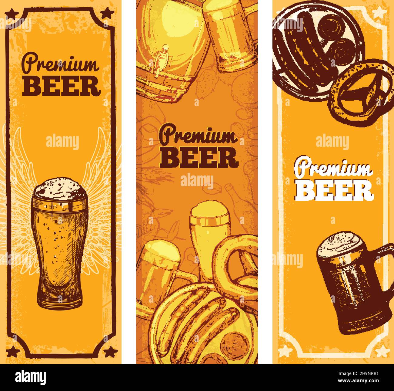 Beer banner vertical set with hand drawn drink glasses and snacks ...