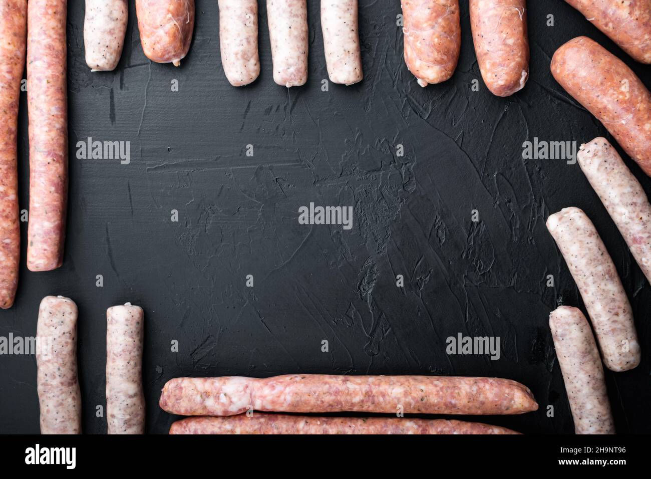 Set of pork, beef and chicken sausages, frame or border concept, flat ...