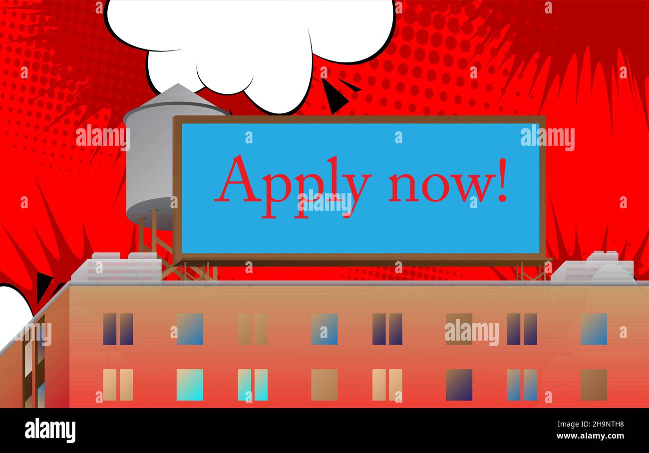 Apply now text on a billboard sign atop a building. Outdoor advertising ...