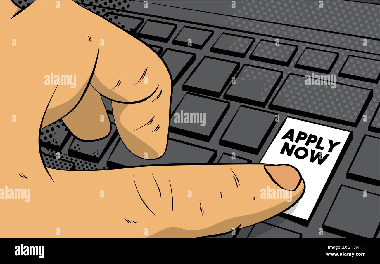 Apply now text, sign on computer keyboard. Man push keypad on laptop ...