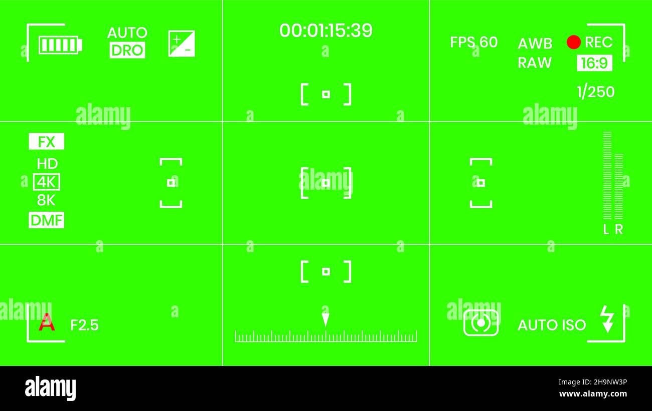 Green colored chroma key camera rec frame viewfinder overlay background ...