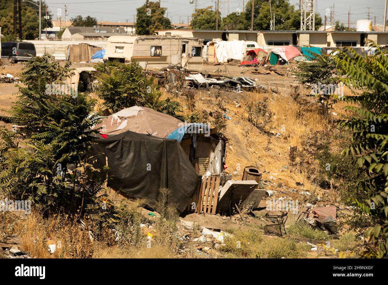 View of a homeless encampment in Stockton, California, USA Stock Photo ...