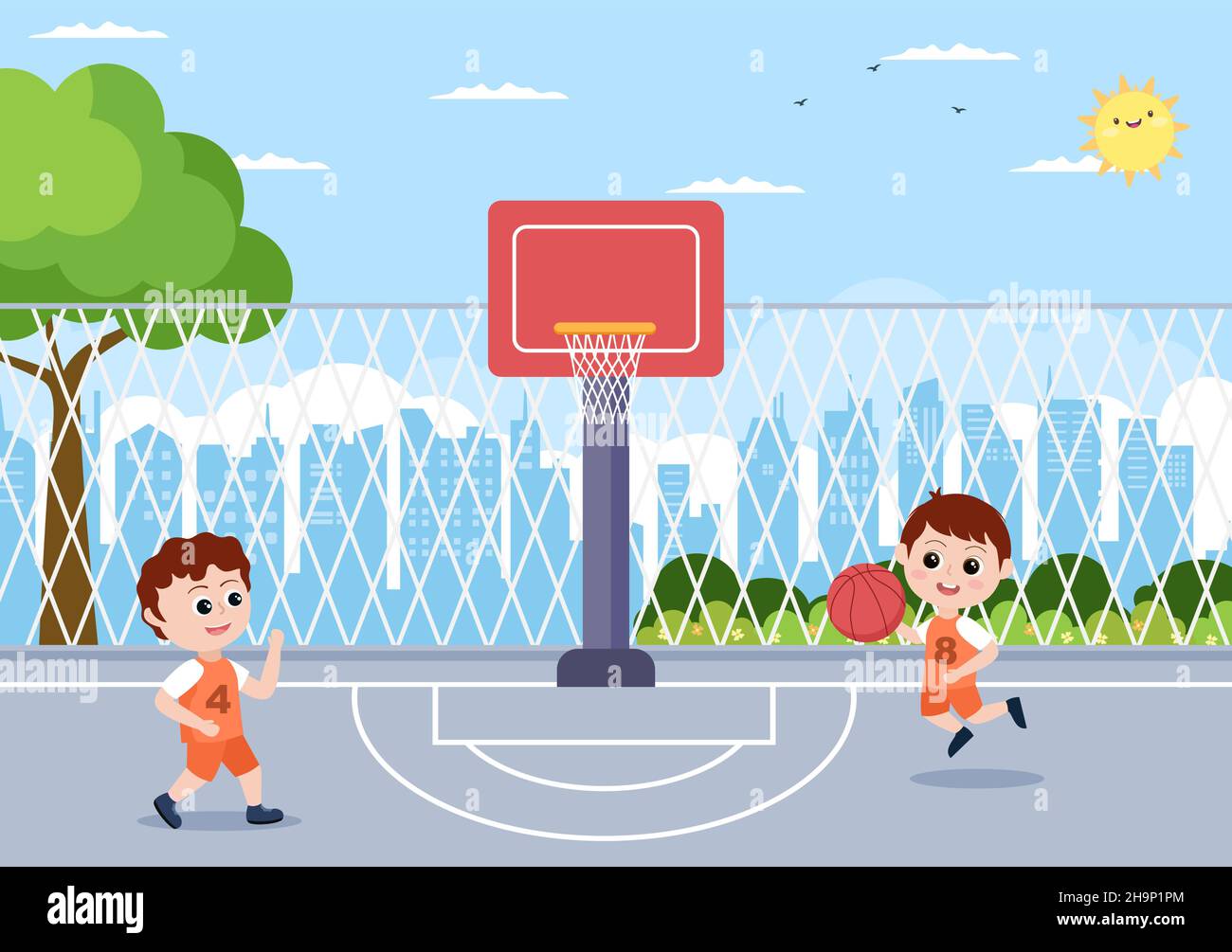 Happy Kids Cartoon Playing Basketball Flat Design Illustration Wearing ...