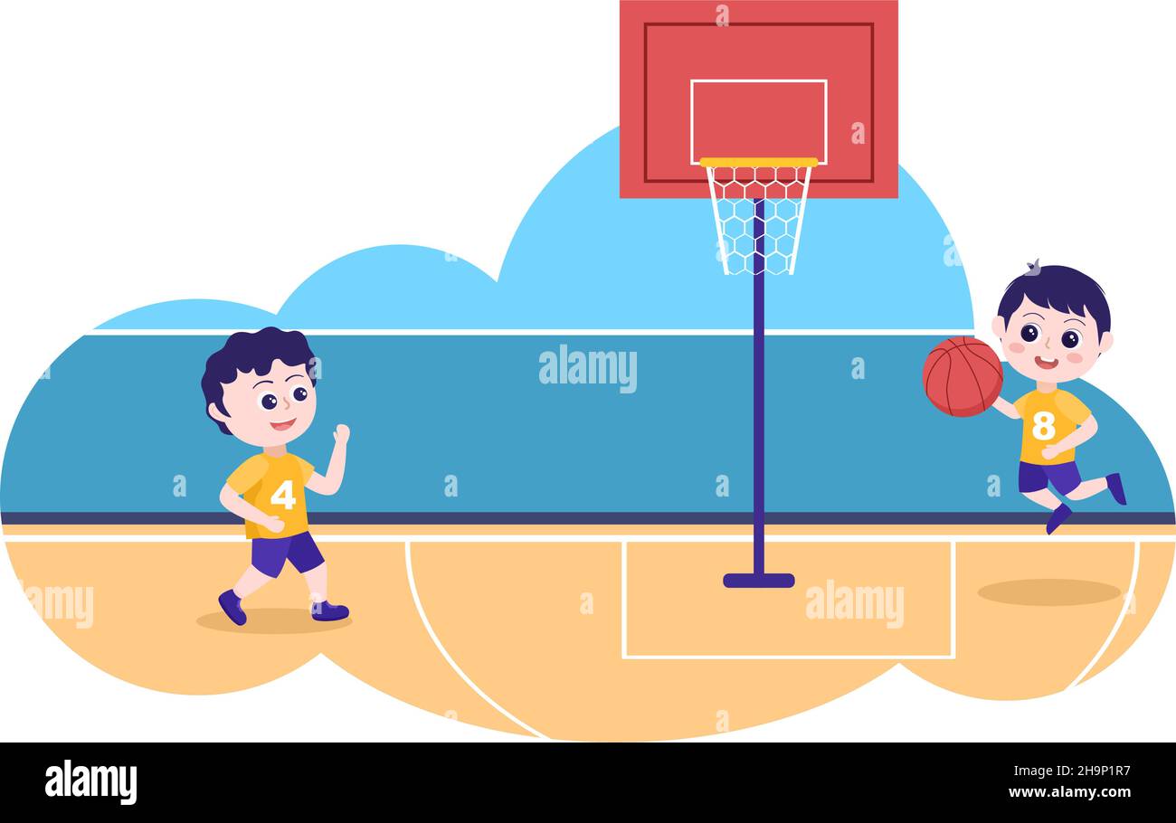 Happy Kids Cartoon Playing Basketball Flat Design Illustration Wearing ...