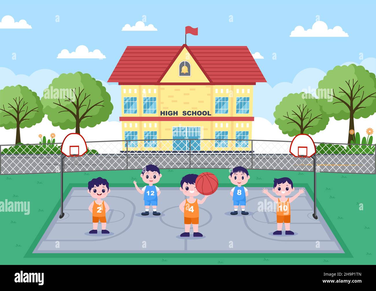 Happy Kids Cartoon Playing Basketball Flat Design Illustration Wearing ...