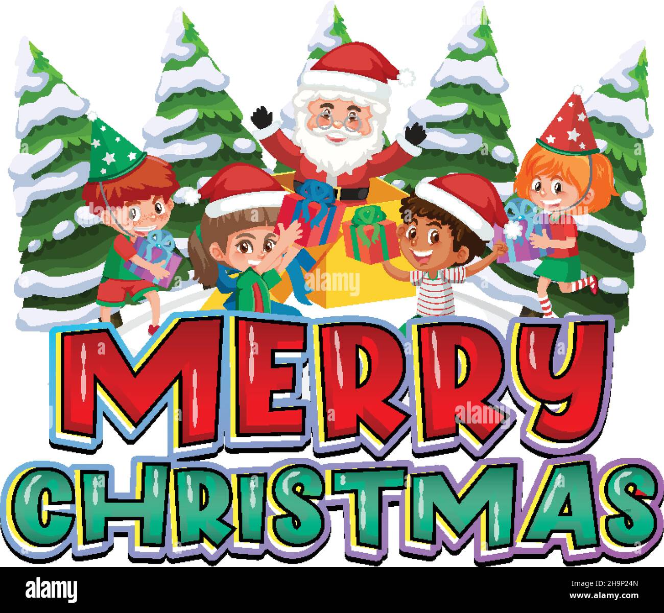 Merry Christmas logo design with happy children illustration Stock ...