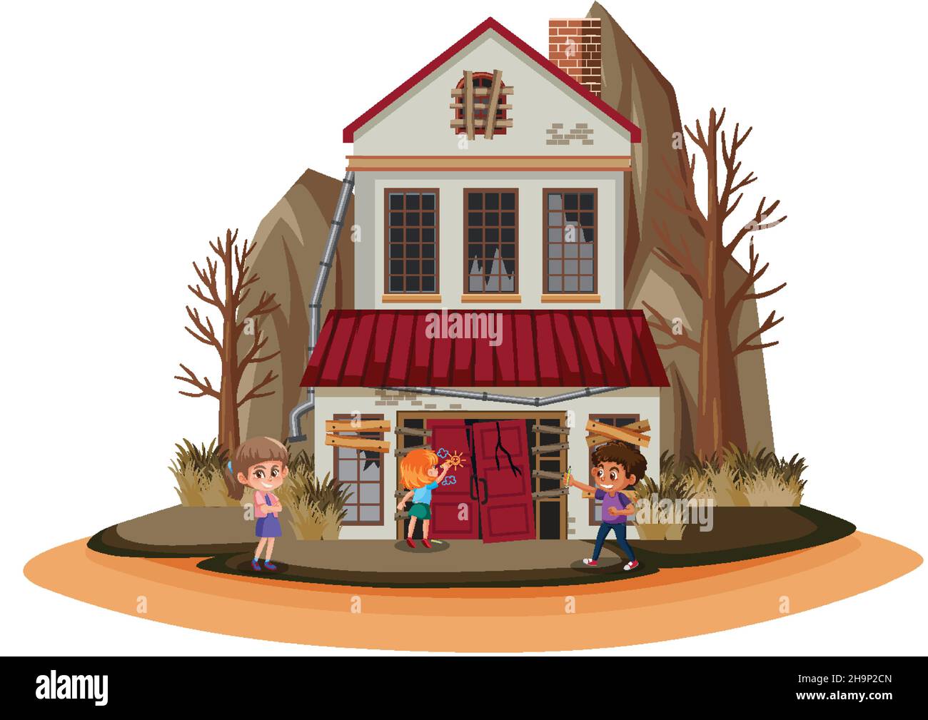 Children playing at abandon house illustration Stock Vector Image & Art ...