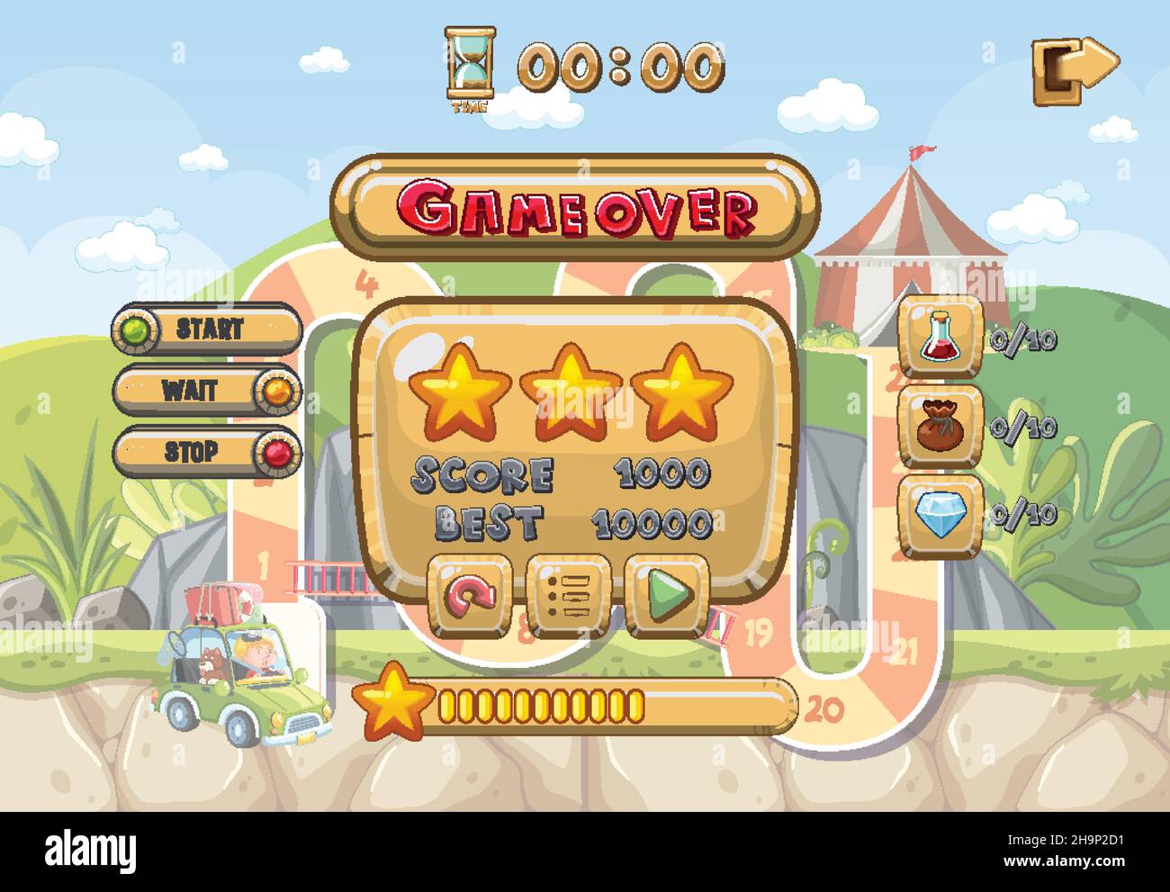 Game user interface with game over and three stars illustration Stock ...