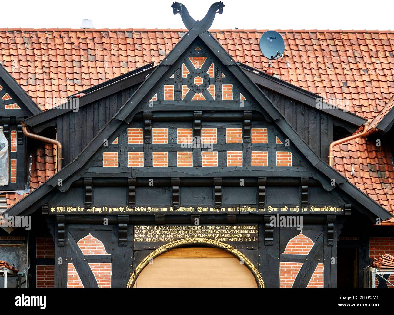 Gifhorn, Germany, May 24, 2020: Front side of new modern half-timbered ...