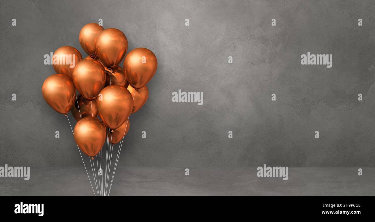 Copper balloons bunch on a grey wall background. Horizontal banner. 3D ...