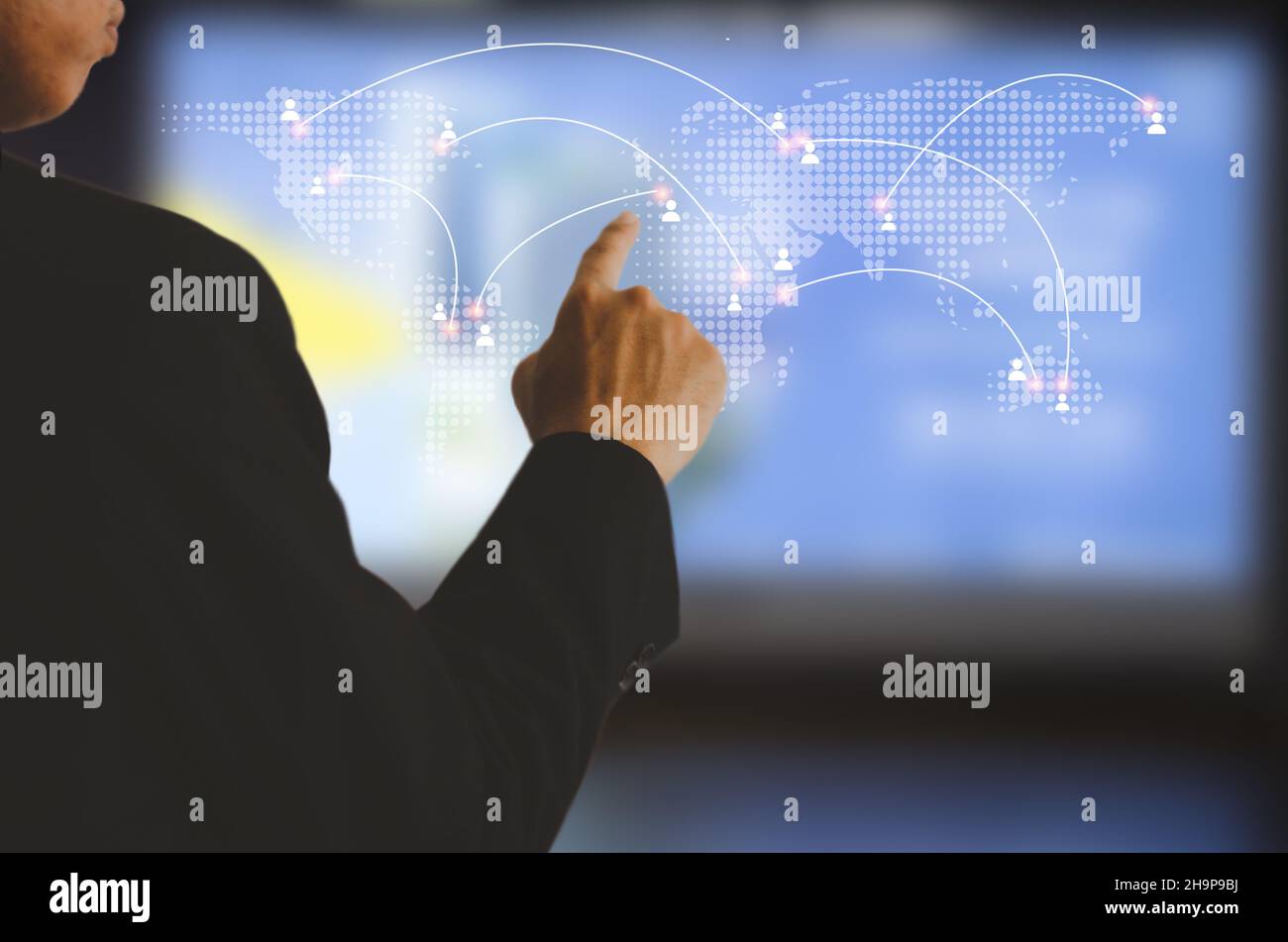 businessman touching on world map screen communication technology ...