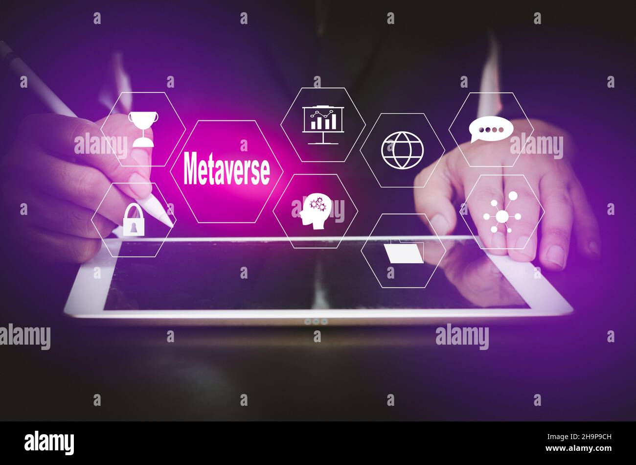 Hand use tablet digital virtual futuristic interface metaverse ...