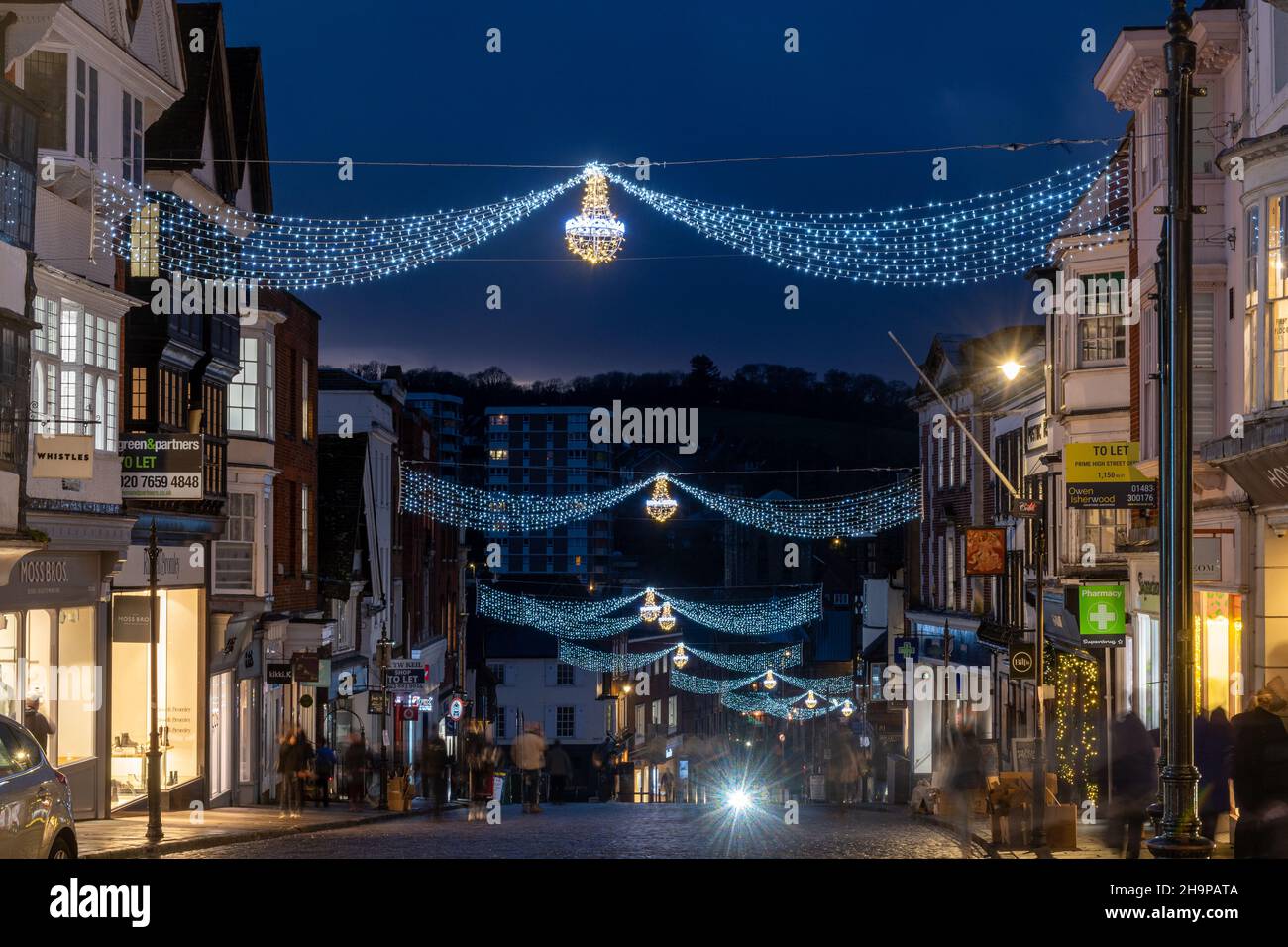 Christmas lights and decorations in Guildford High Street, town centre ...