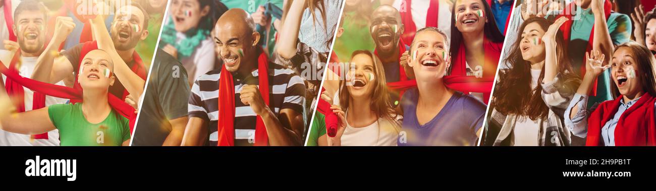 Italian excited football, soccer fans cheering their team with a red ...