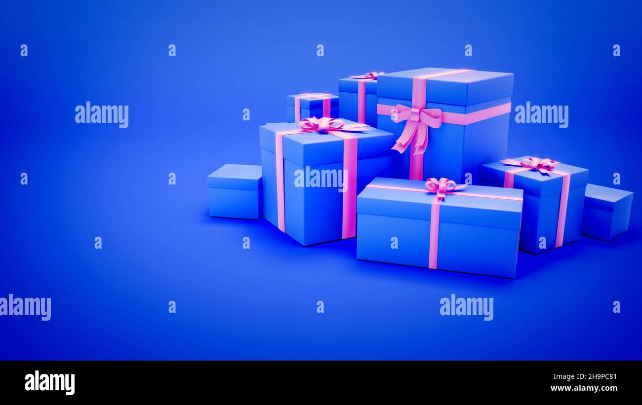 cute blue holiday surprise gift boxes pile - object 3D rendering Stock ...