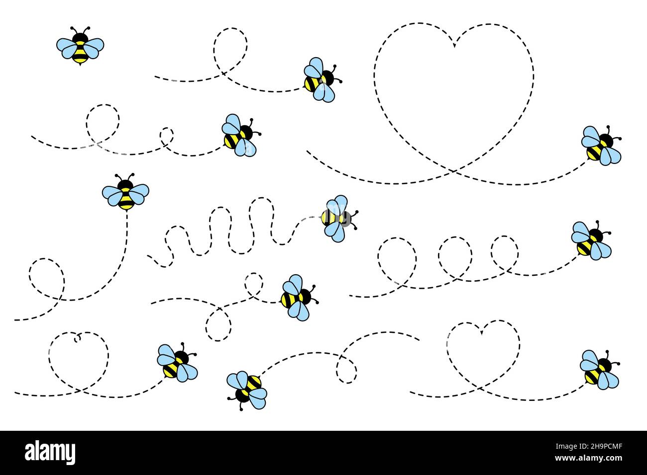 Cartoon Bee Flying on a Dotted Route. Vector illustration isolated on ...
