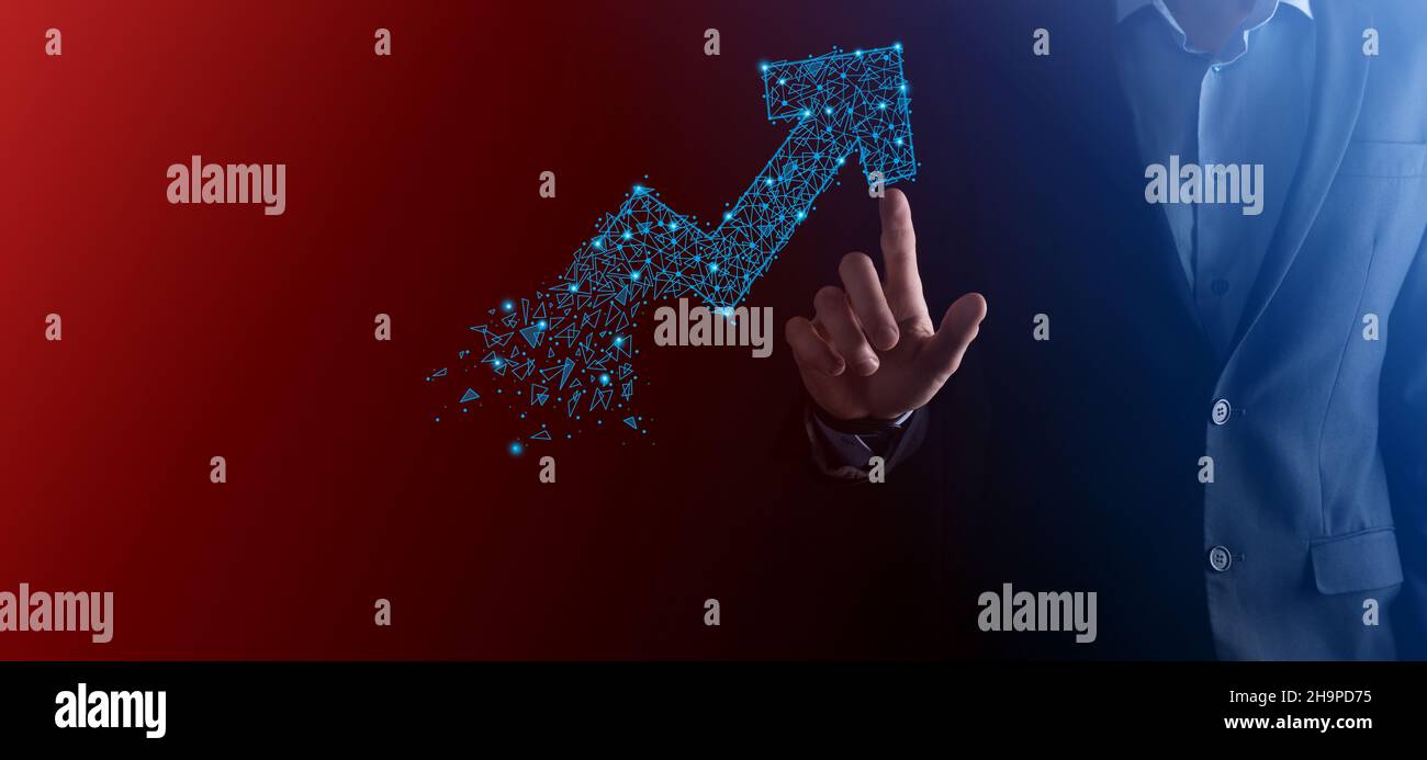 Businessman hold graph, arrow of positive growth icon.pointing at ...