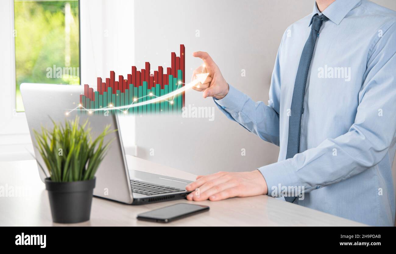 Businessman hold drawing on screen growing graph, arrow of positive ...