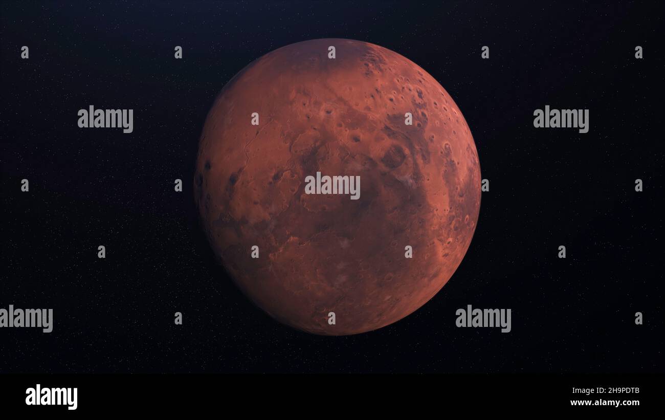 Abstract animation of rotating planet Mars on background of stars ...