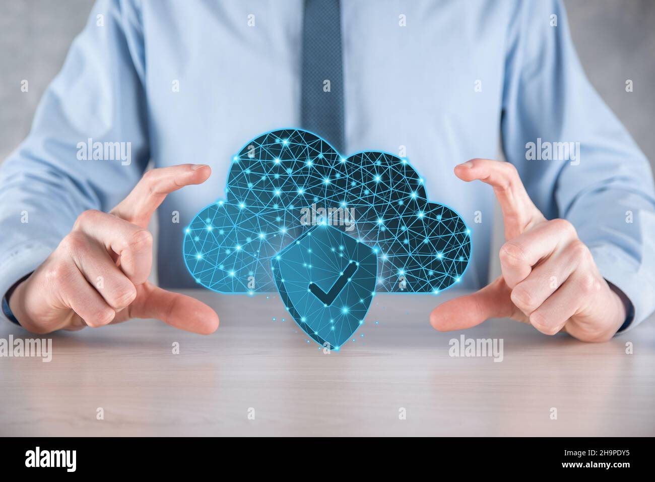Cloud technology. Polygonal wireframe cloud storage sign with shield ...