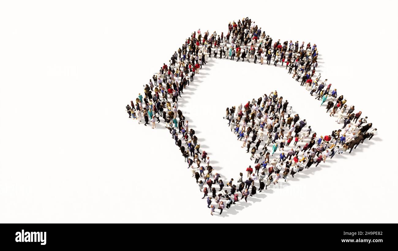Concept conceptual large community of people forming the home button ...