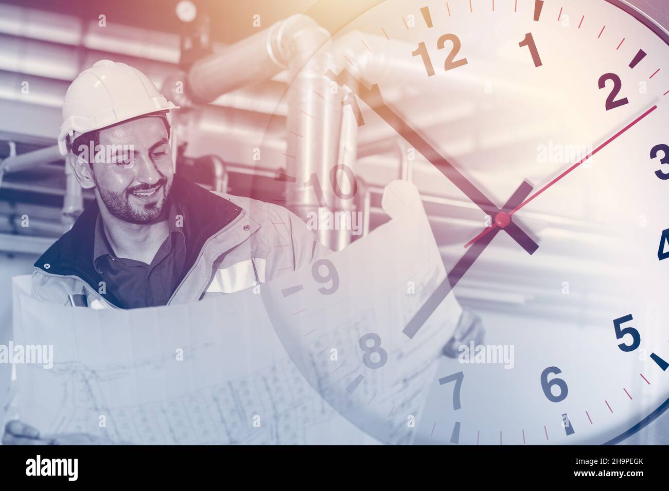 engineer industry worker with blueprint overlay with time clock for ...