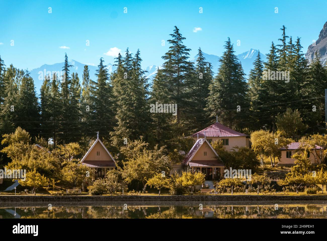 Beautiful view of resort houses in an autumn park in Shogran Stock ...