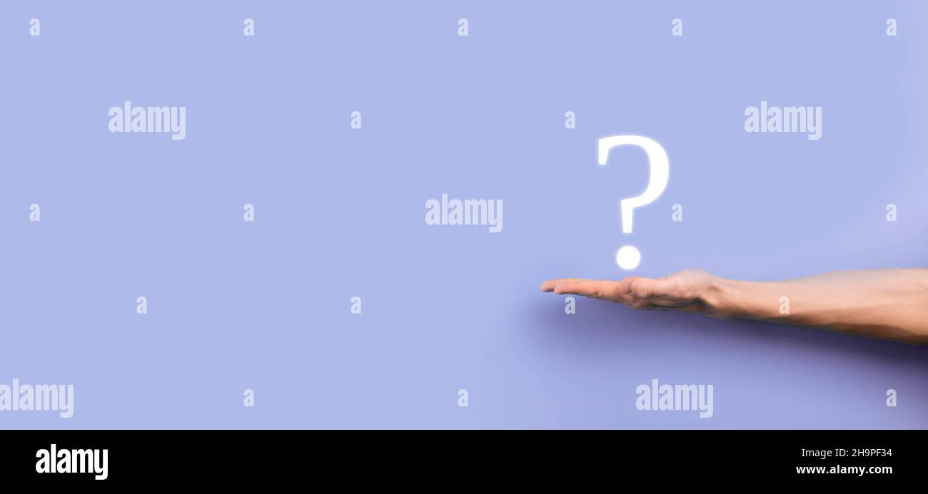 Businessman man hand hold interface question marks sign web. Ask ...