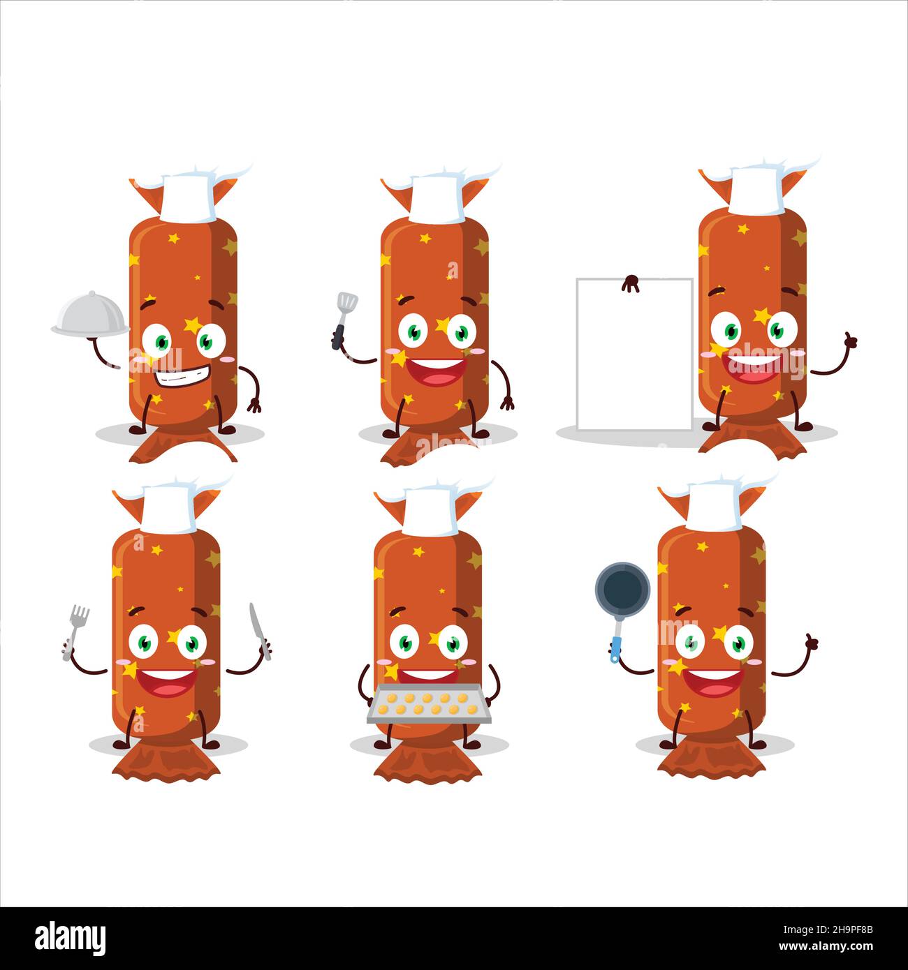 Cartoon character of orange long candy package with various chef ...