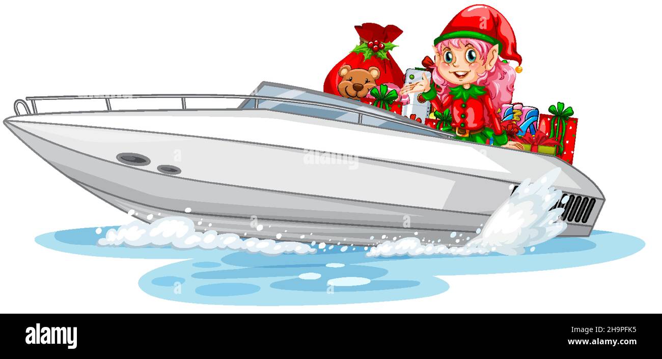 Christmas elf on speed boat with her gifts illustration Stock Vector ...