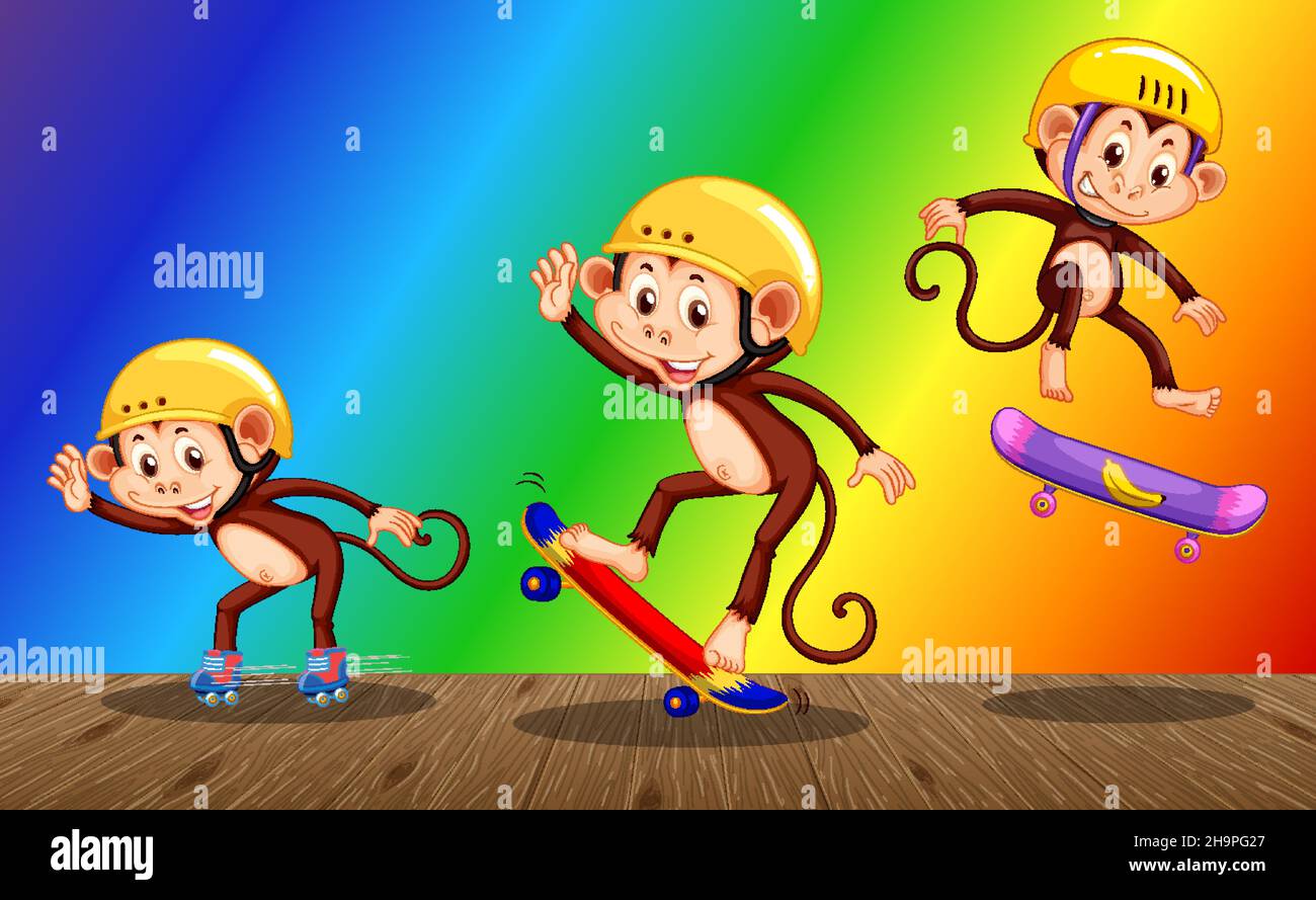 Monkeys playing skateboard on rainbow gradient background illustration ...