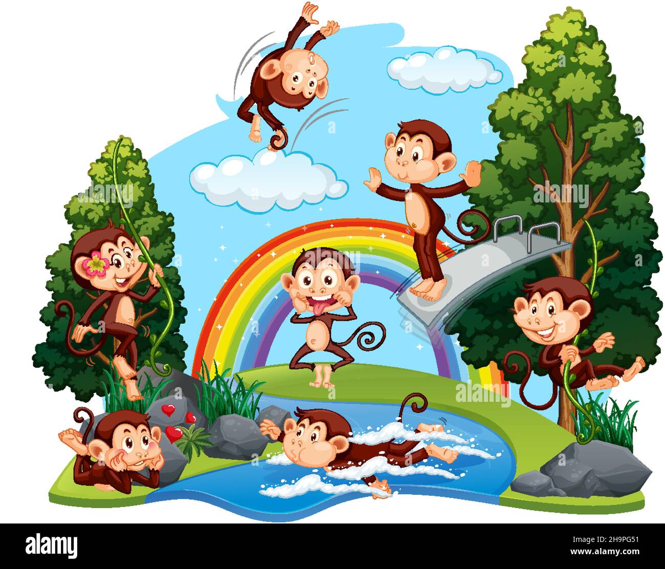 Funny monkeys playing in the forest illustration Stock Vector Image ...