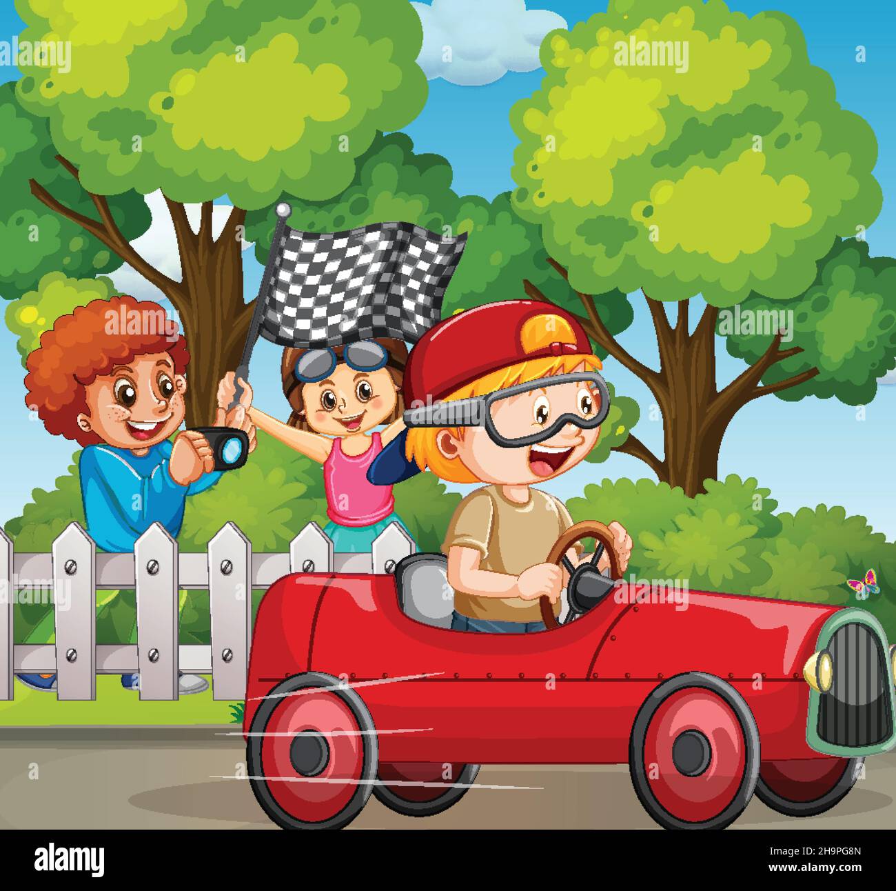 Outdoor scene with children racing car illustration Stock Vector Image ...