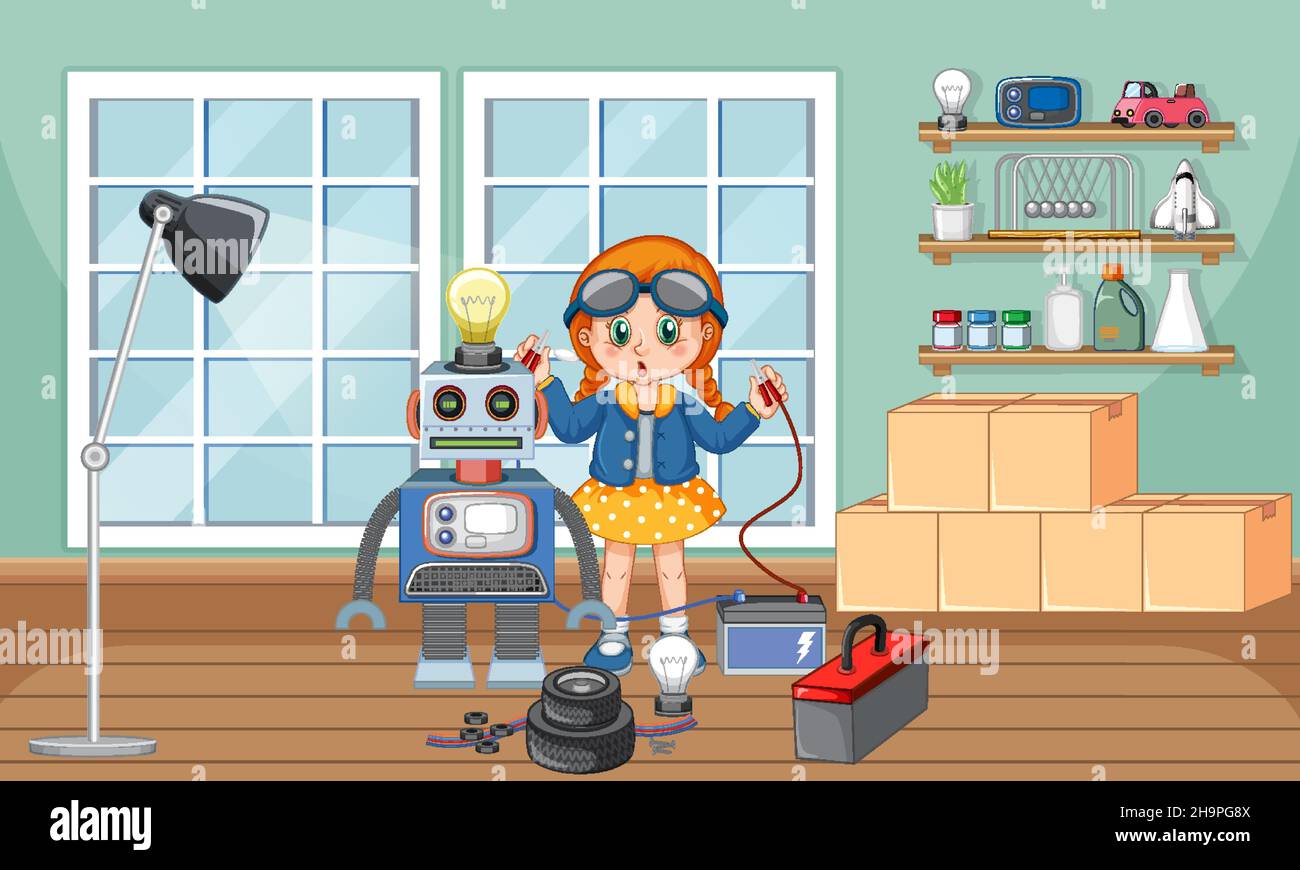 Children fixing a robot together in the room scene illustration Stock ...