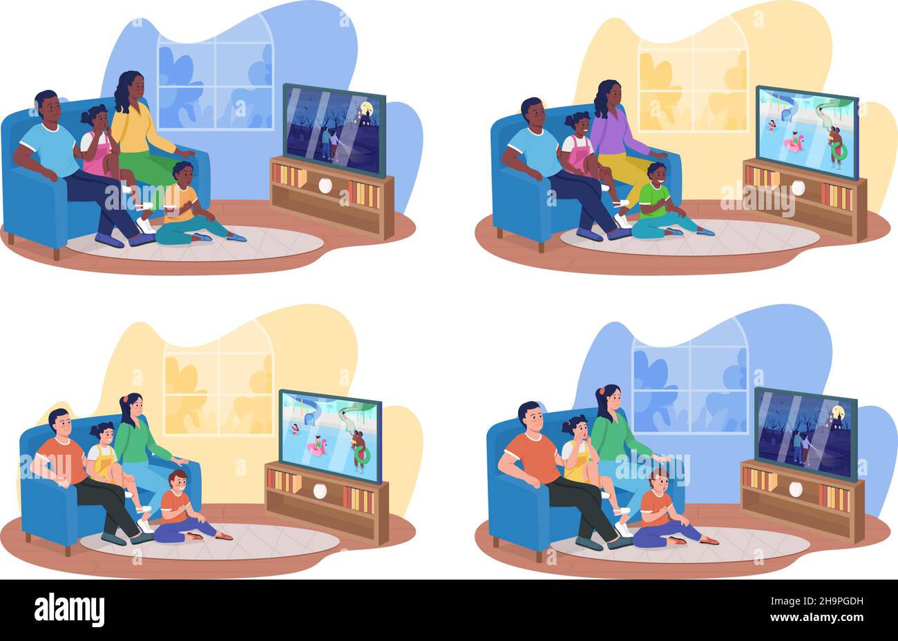 Watching tv with family 2D vector isolated illustration set Stock ...