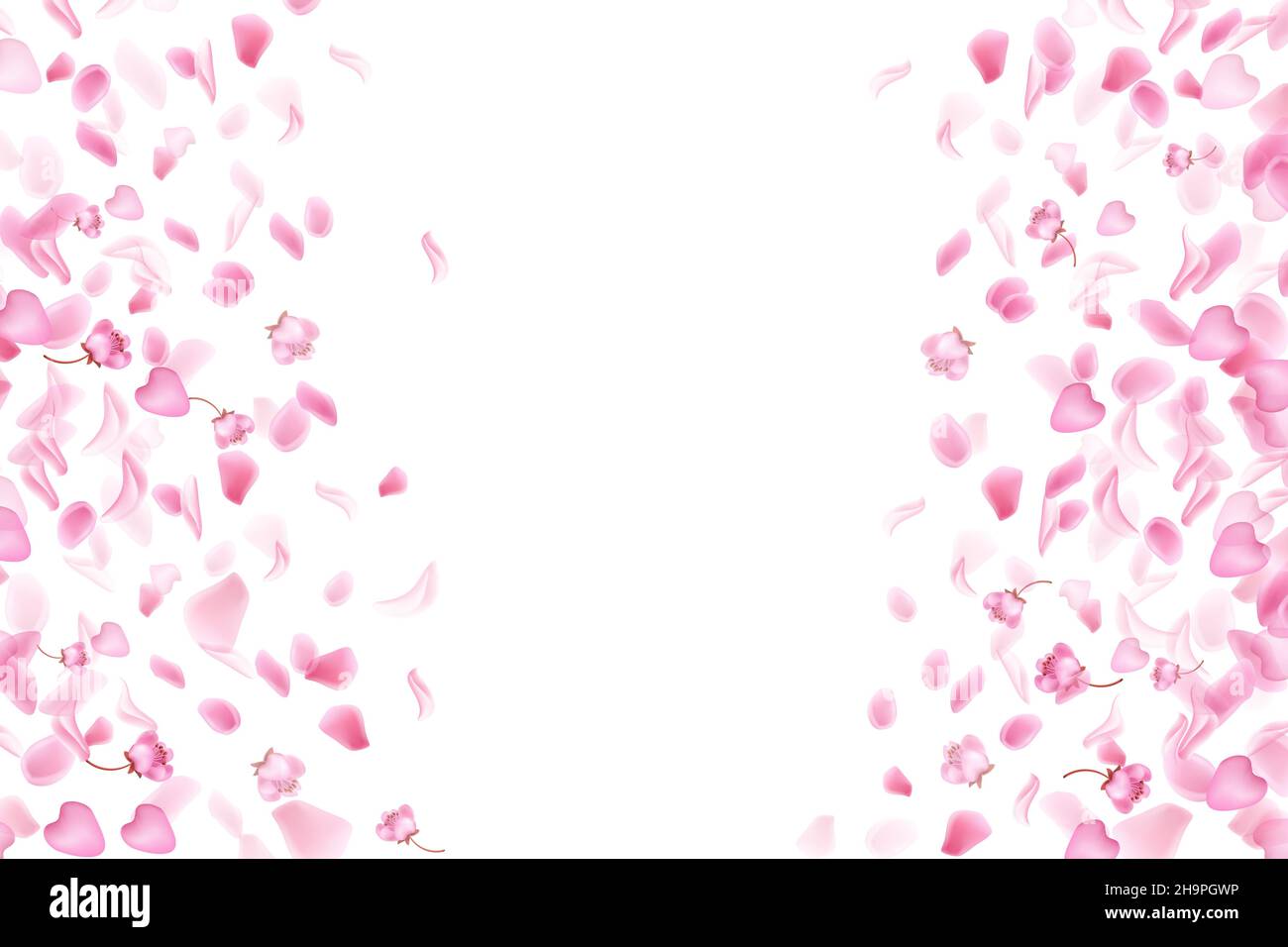 Nature horizontal background.Pink falling sakura petals and flowers ...