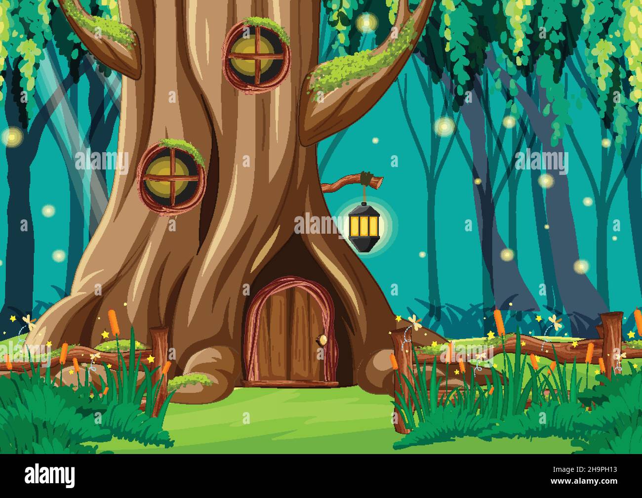 Fantasy forest background with hollow tree illustration Stock Vector ...
