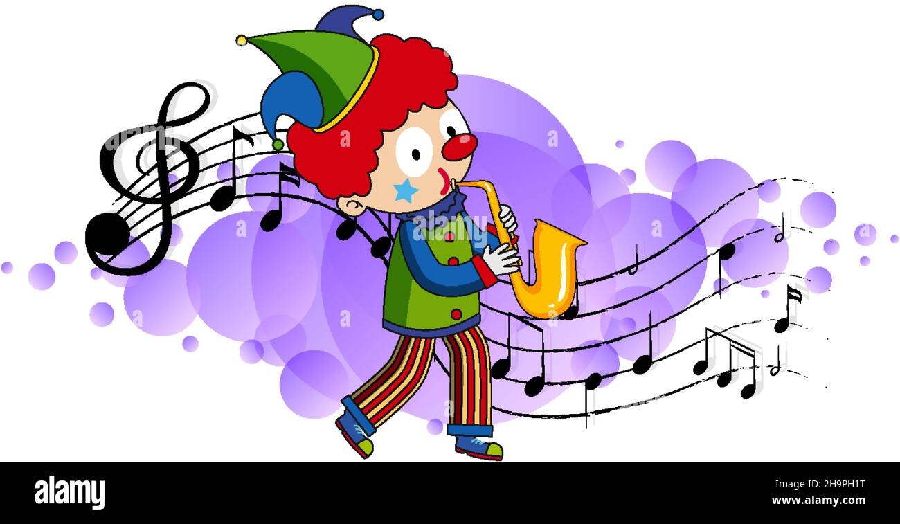 Cartoon character of a clown plays saxophone with musical melody ...