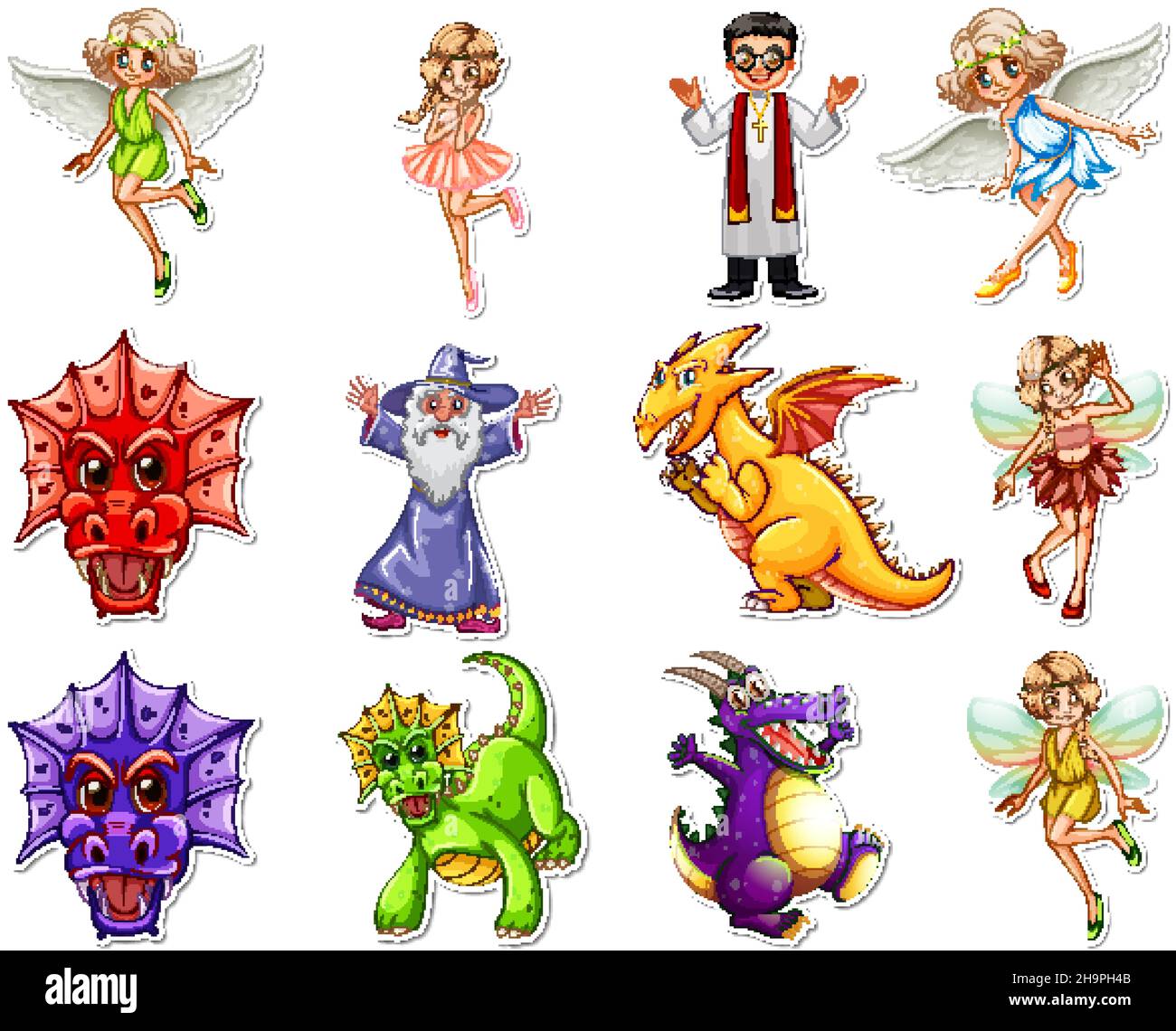 Sticker set with different fairytale cartoon characters illustration ...