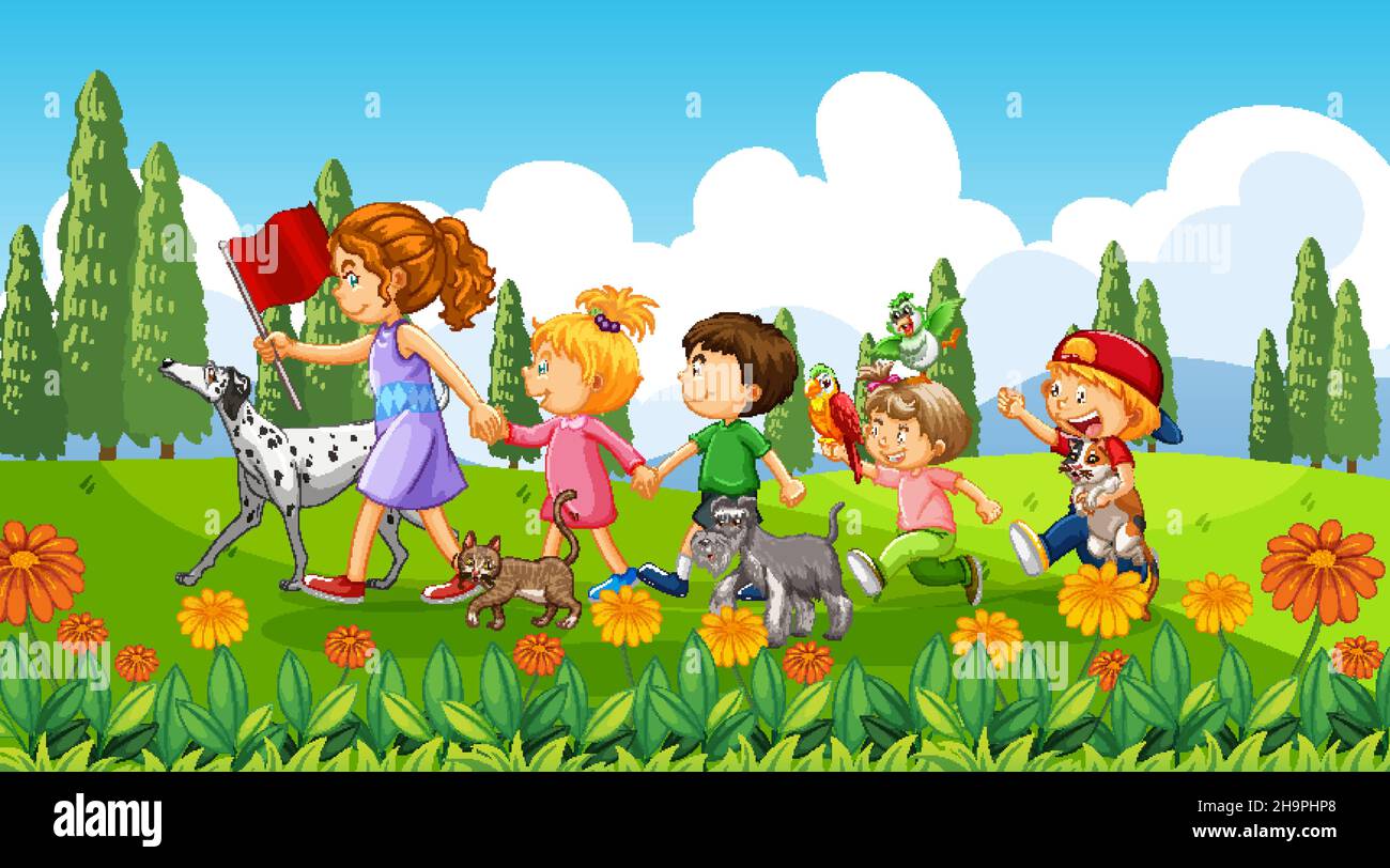 Children walking with their animals at the park illustration Stock ...