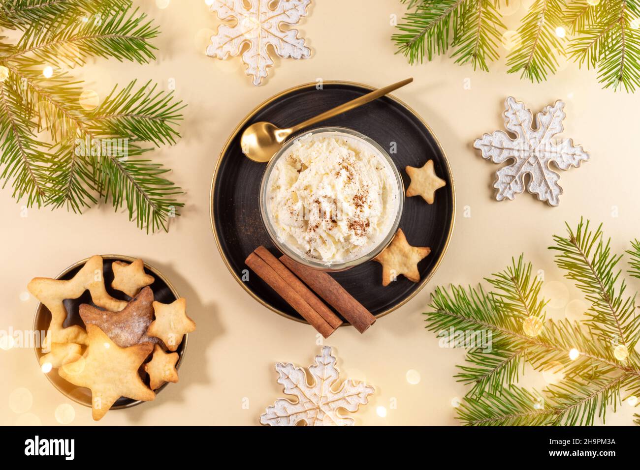 Christmas flat lay composition with traditional holiday desserts - creamy eggnog and ginger ...