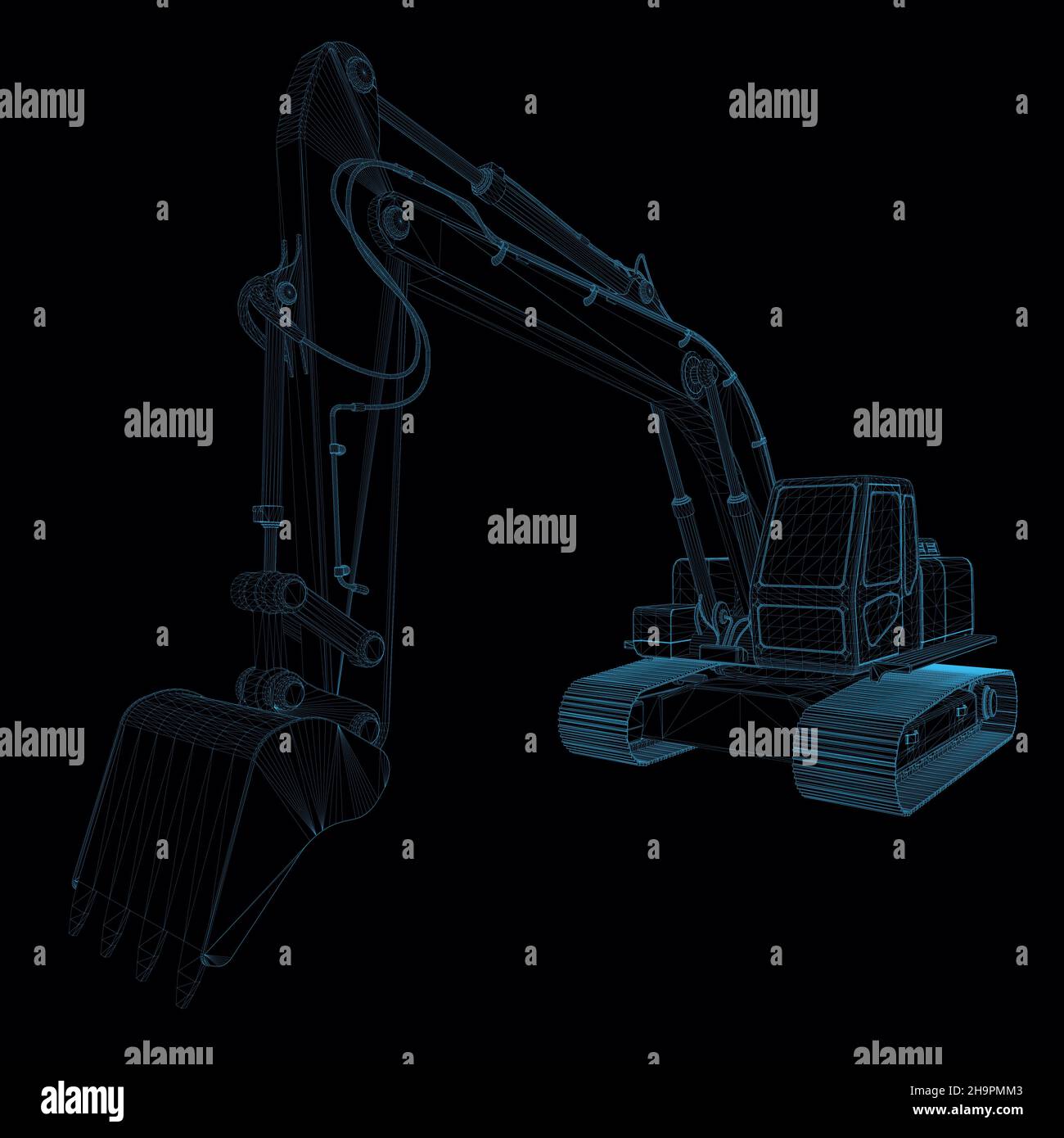 Excavator wireframe from blue lines isolated on dark background ...