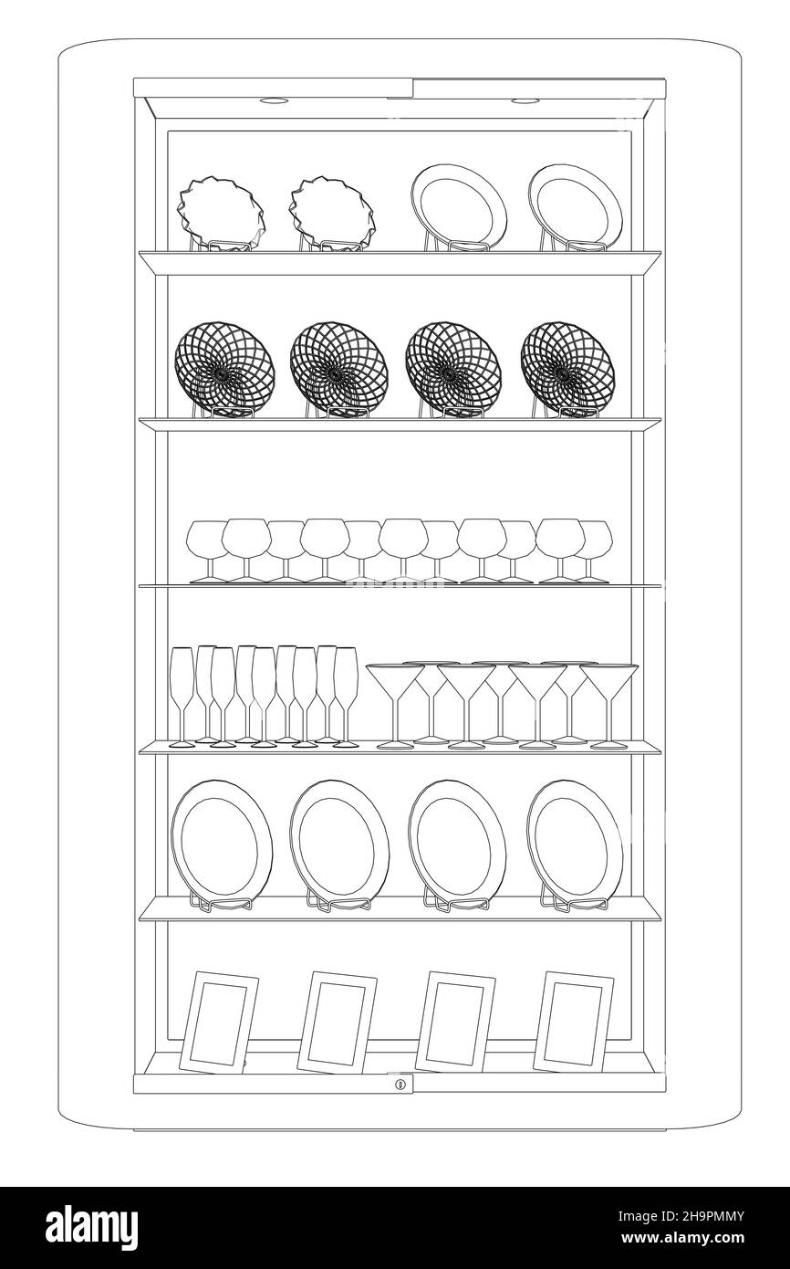 Outline of a shop window with plates and groceries from black lines ...