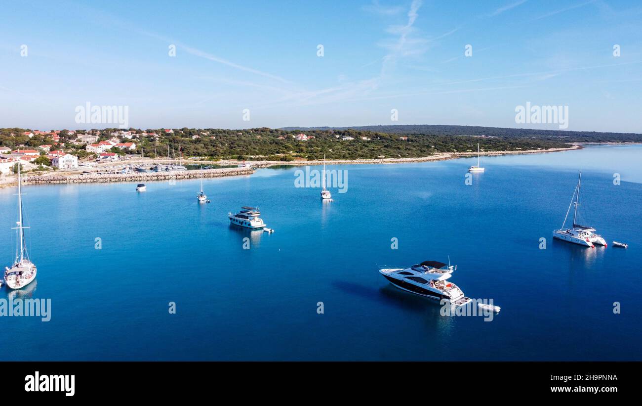Aerial view of Croatian island Silba western side with beautiful ...