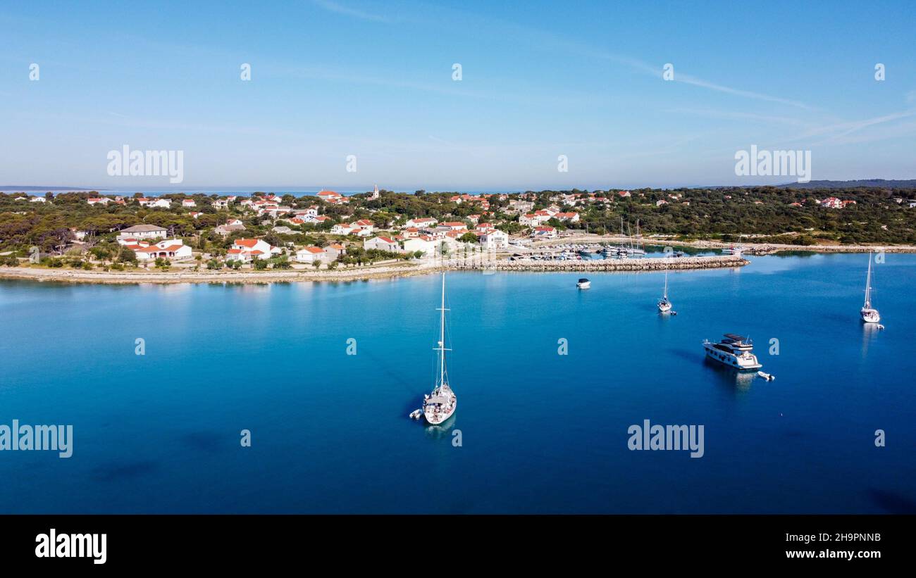 Aerial view of Croatian island Silba western side with beautiful ...