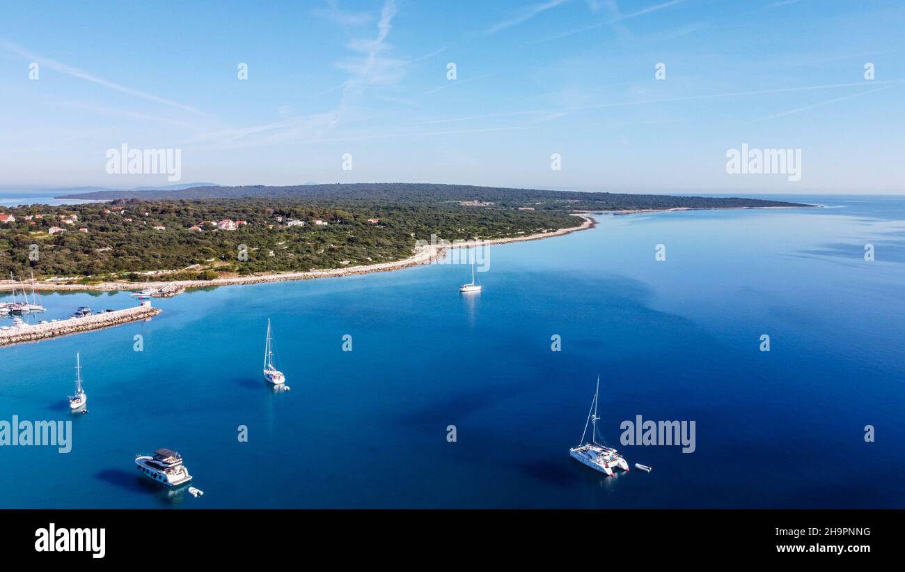Aerial view of Croatian island Silba western side with beautiful ...