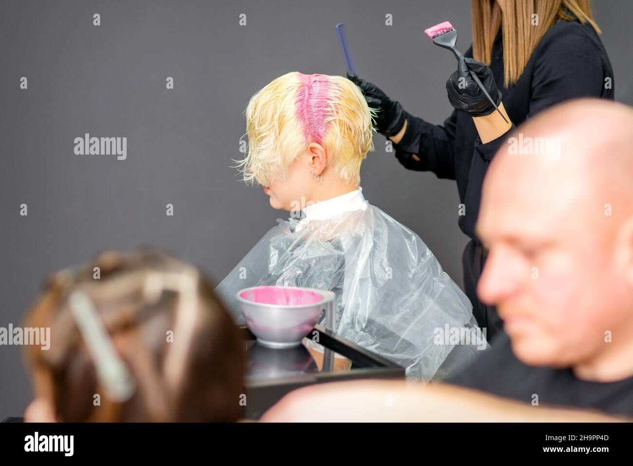 Coloring female hair in the hair salon. Young woman having her hair ...